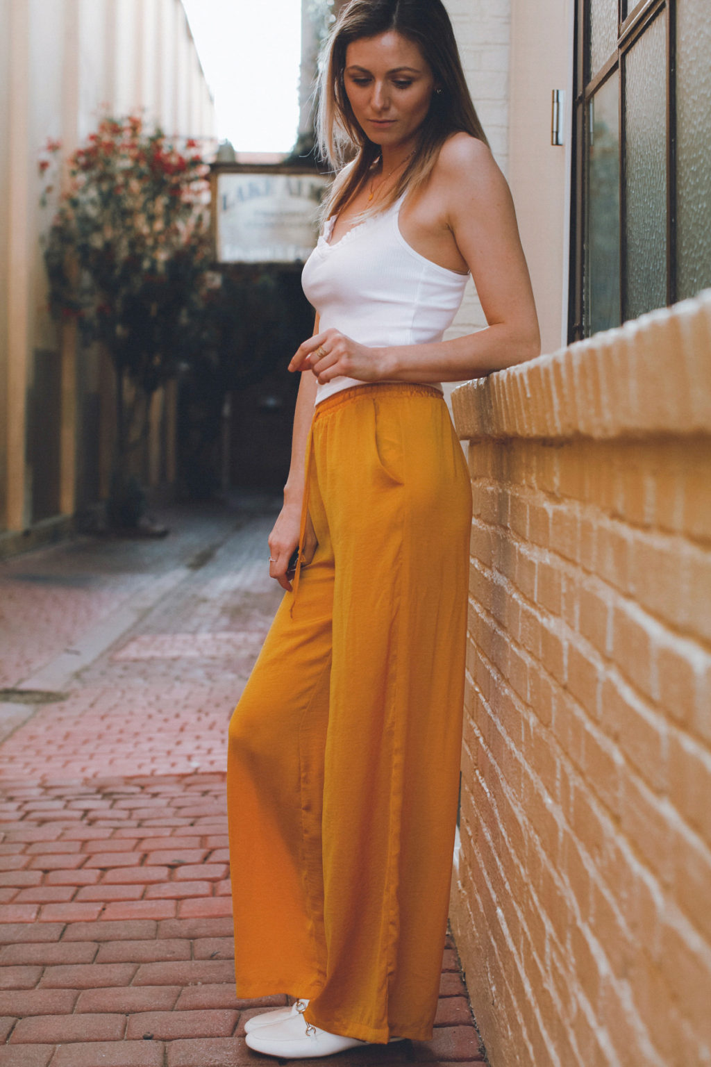 Satiny Wide Leg Pants in Mustard Color - Tea Cups & Tulips